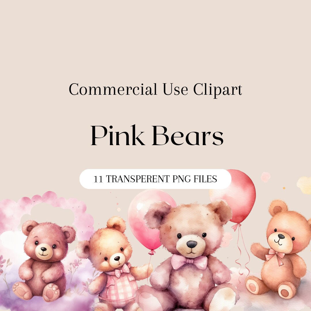 Watercolor Pink Bears Clipart Set Cute Pink Teddy Bears With - Etsy