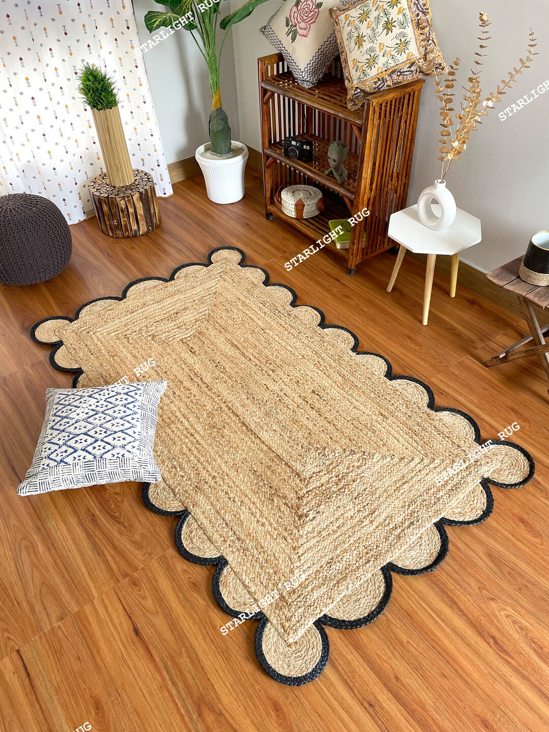 Black Border Jute Rug - Natural Jute Area Scalloped Rug, Bohemian ...