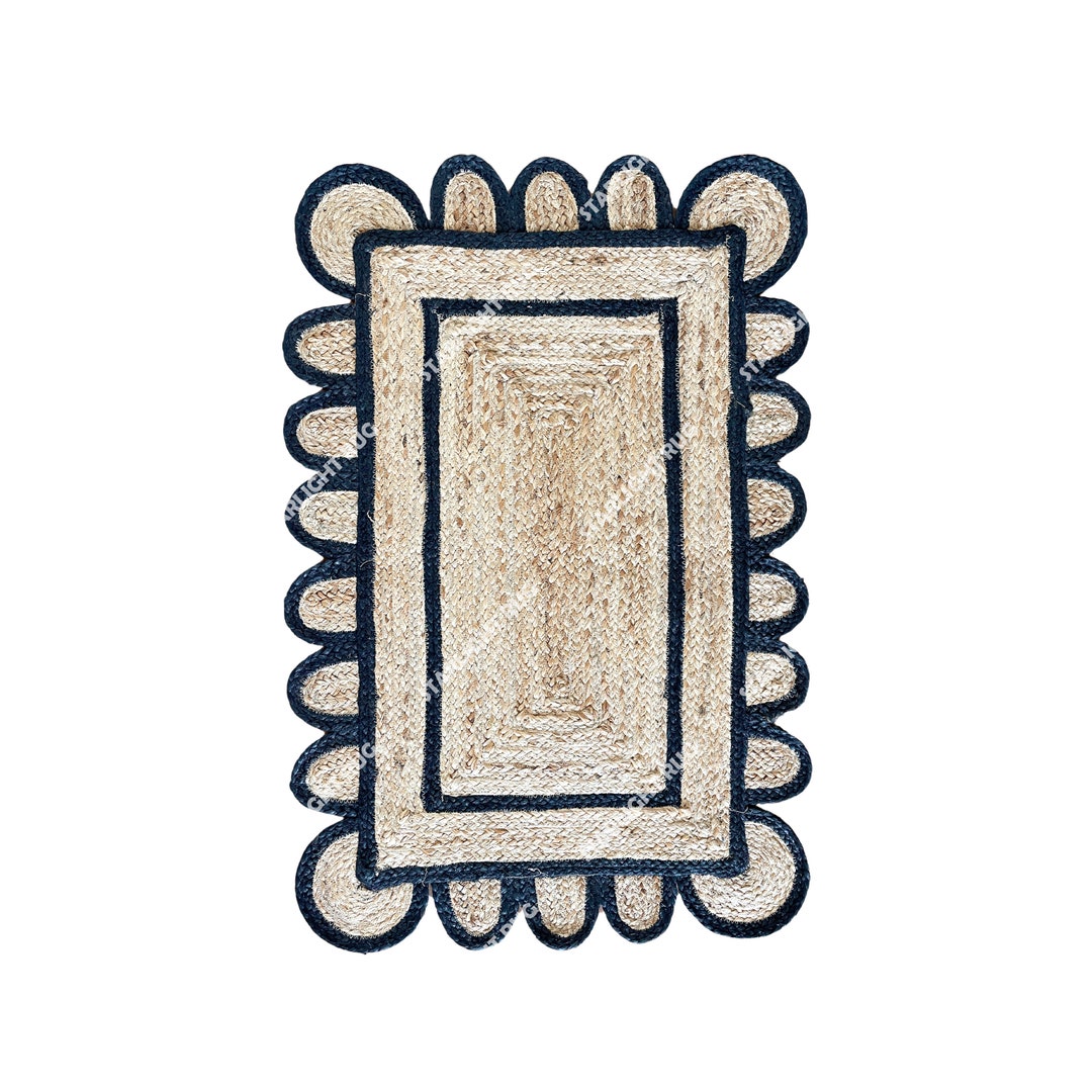 Scalloped Jute Rug, Scallop Rug, Natural Jute Rug, Black Rug, Boho Area ...