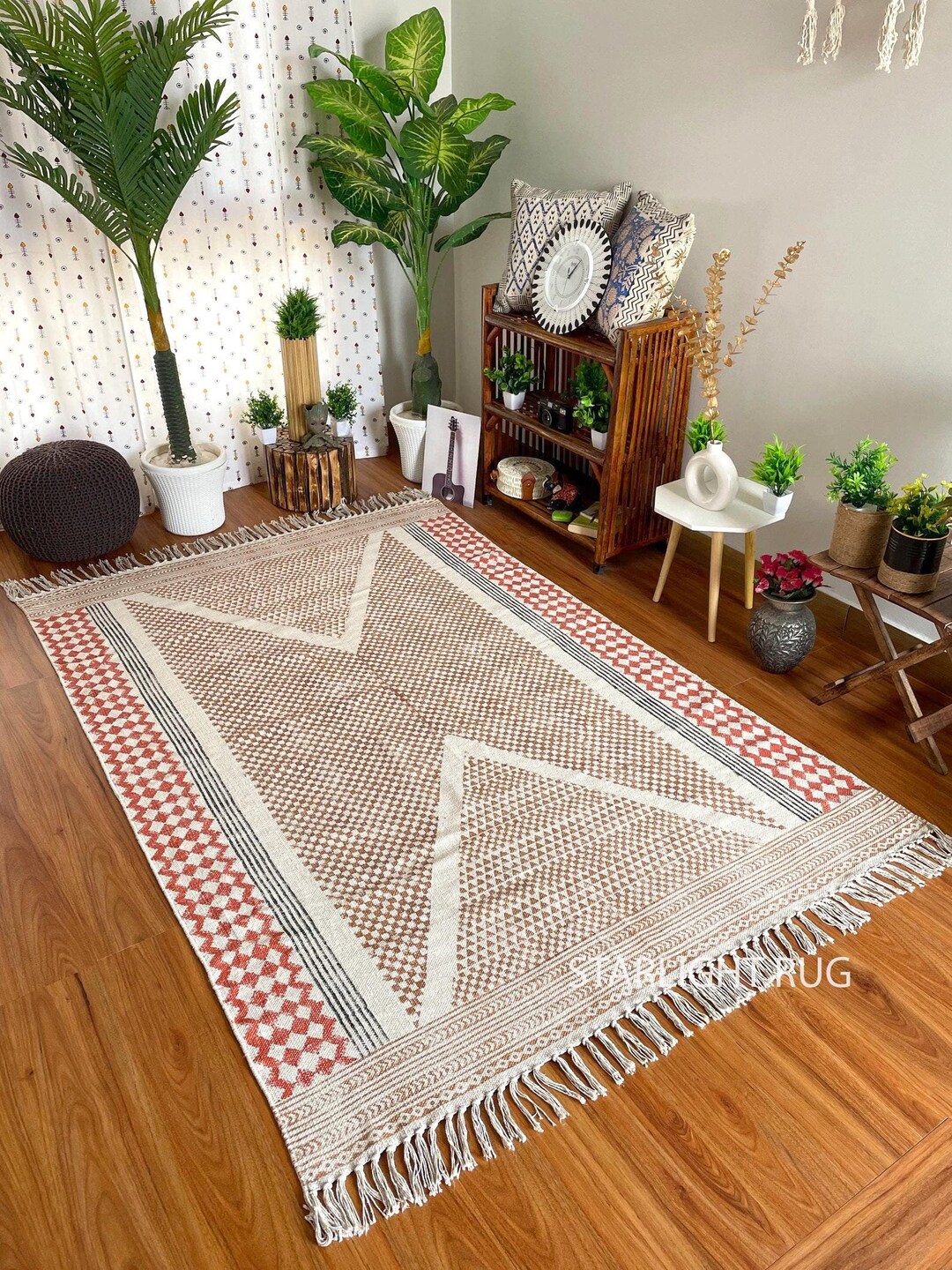 Handmade Indian Rug, Hand Block Print Rug, Outdoor, Dining Room/ Living ...