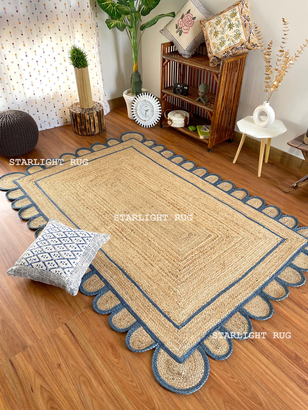 Natural Scalloped Blue Jute Rug | Scalloped Pattern Rug | Natural Jute ...