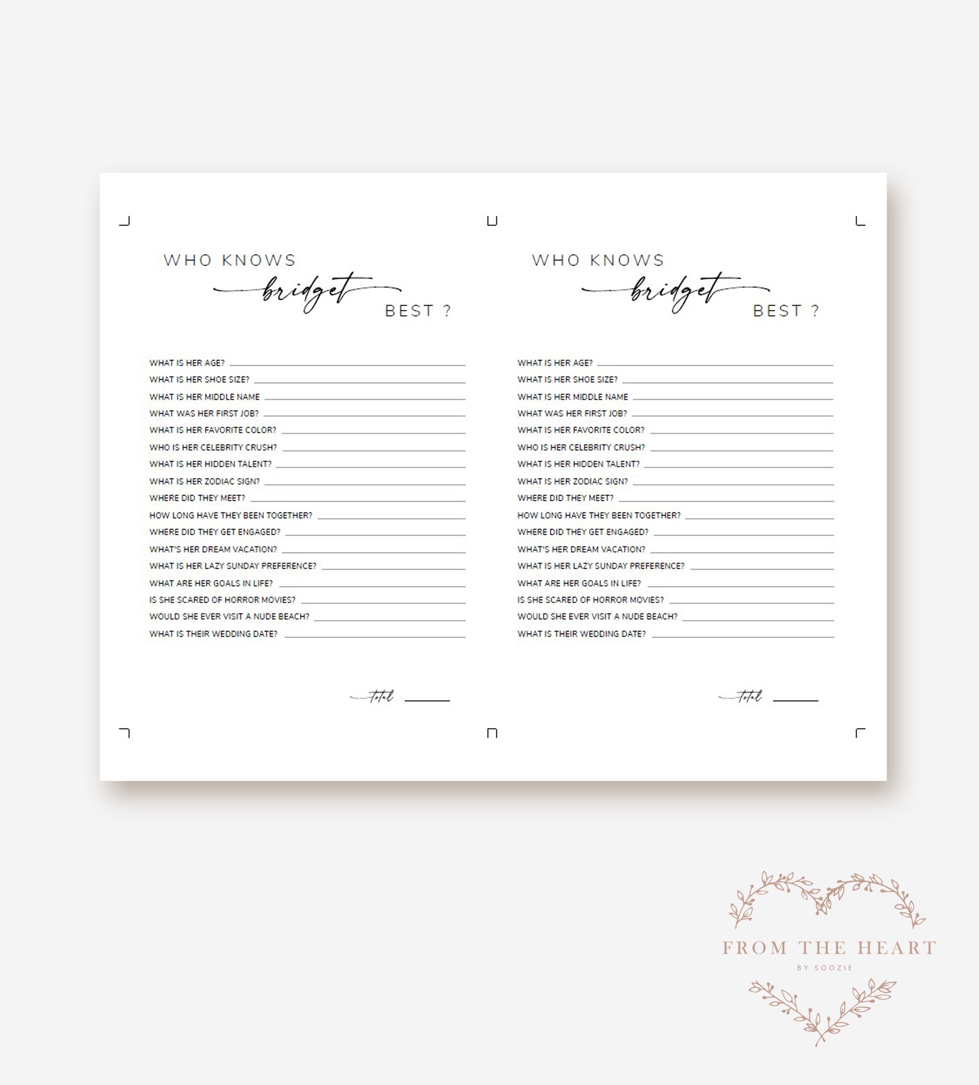 Editable Who Knows the Bride Best Bridal Shower Game Template, Bridal ...