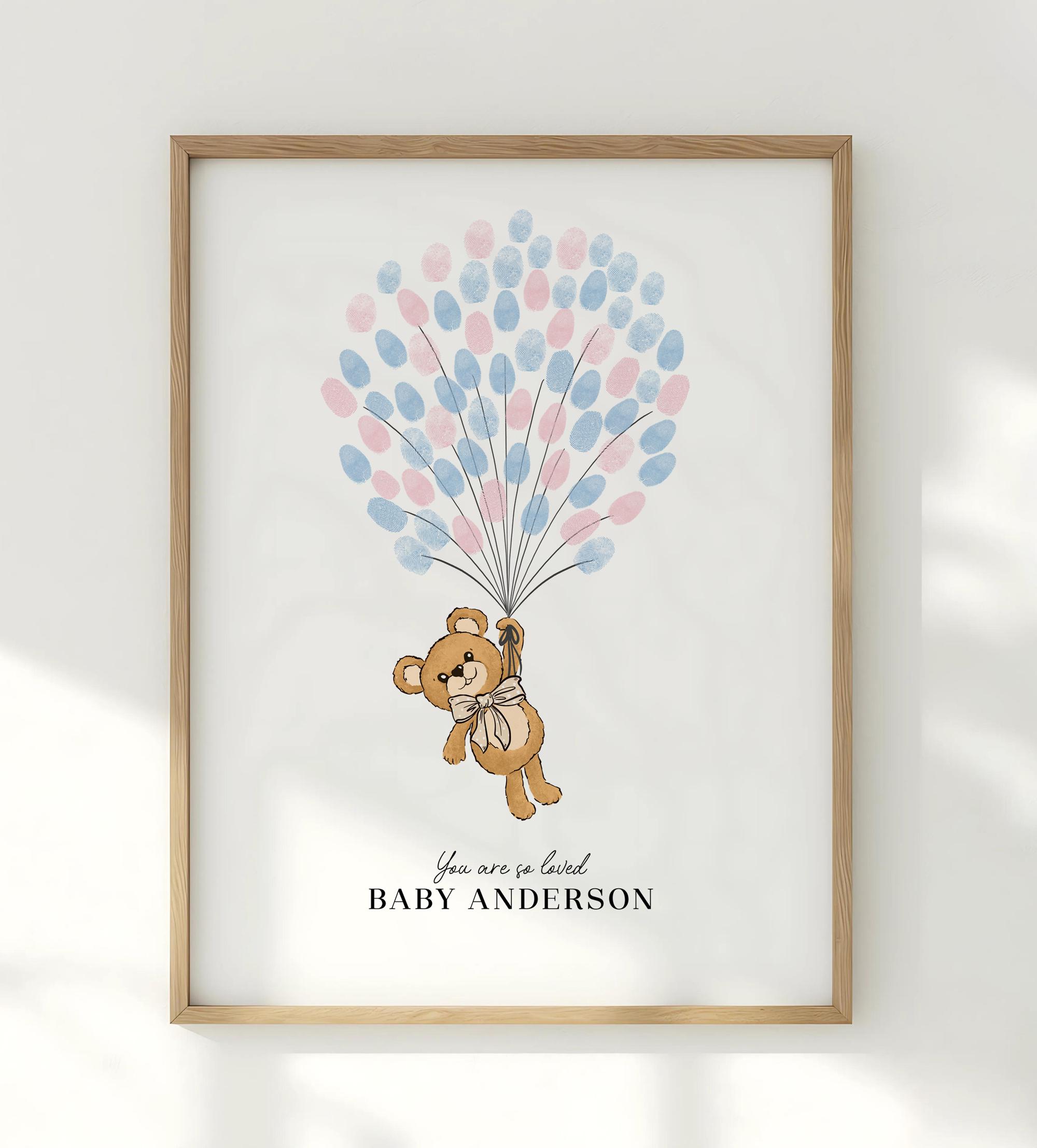 Teddy Bear Fingerprint Guest Book – Gender Reveal Balloon Poster ...