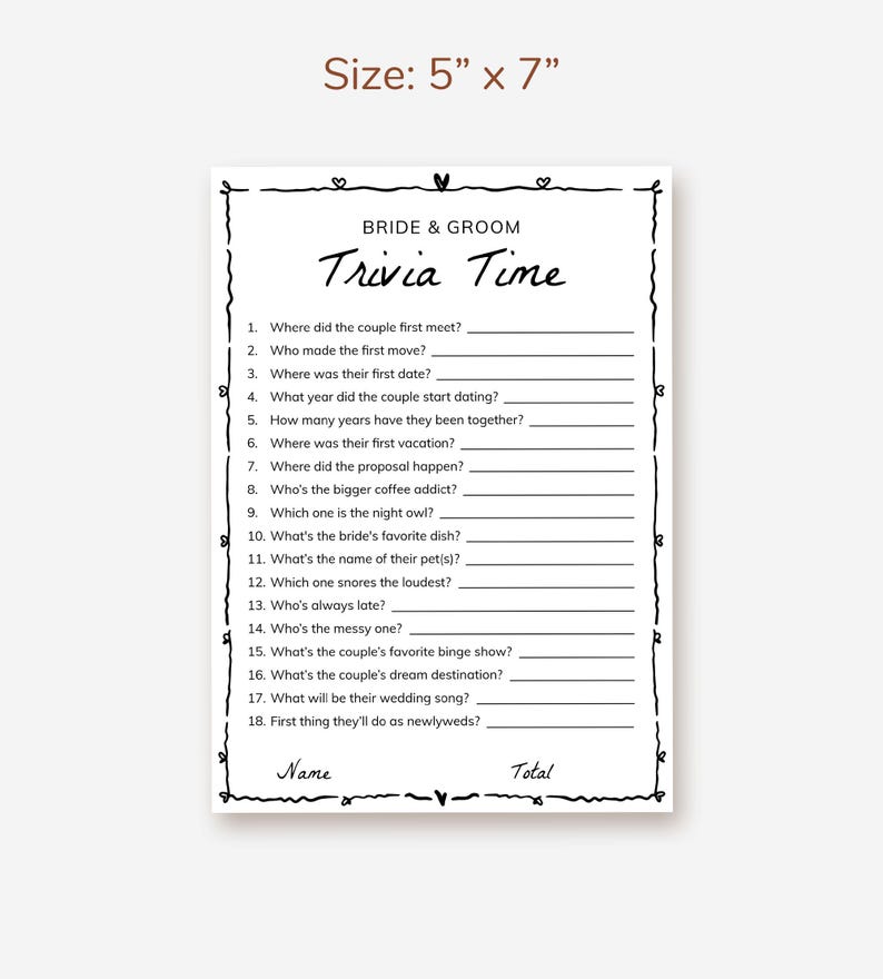 Bride and Groom Game, Printable Bridal Shower Trivia, Who Knows the ...