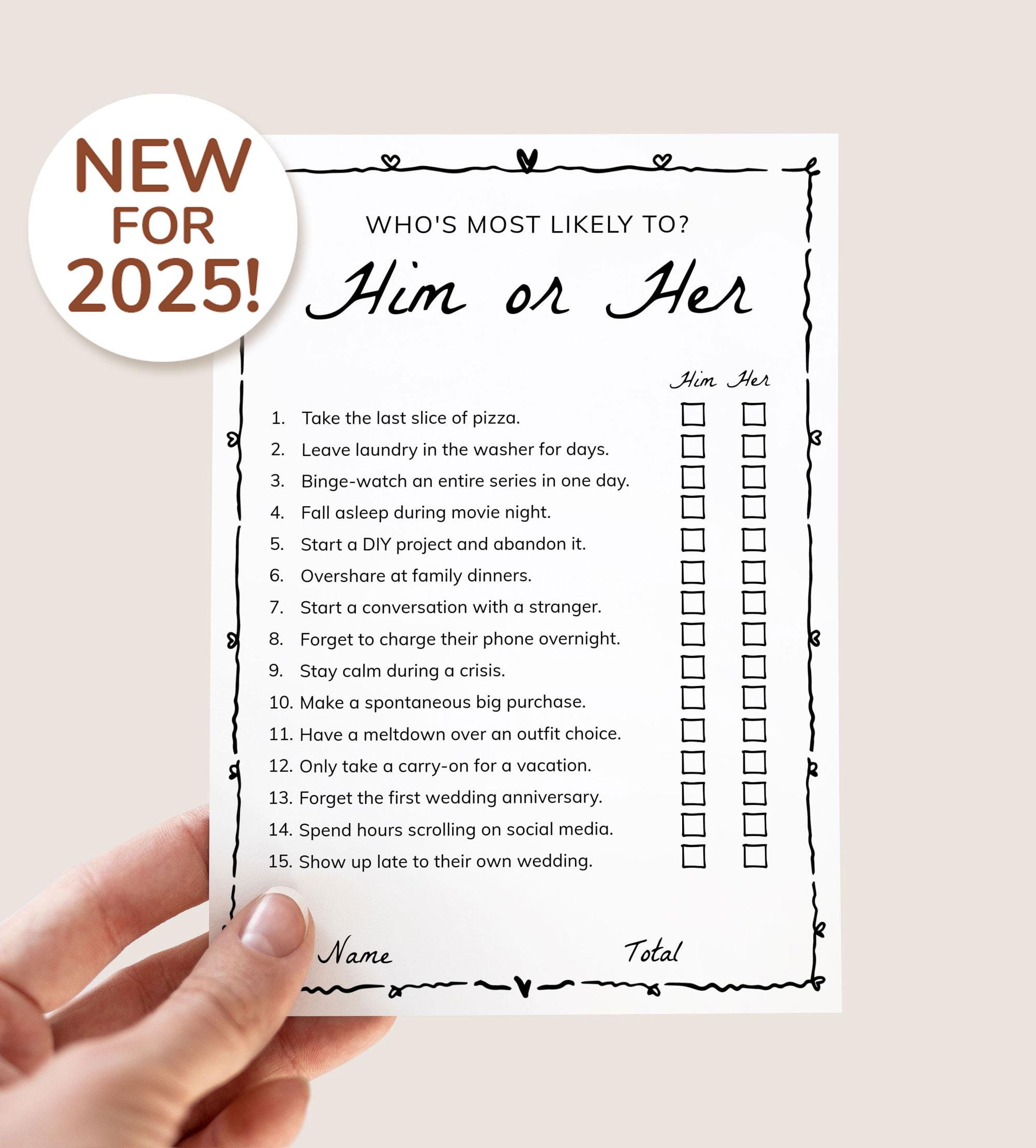 Bridal Shower Game Printable, Who’s Most Likely To, Him or Her, Wedding ...