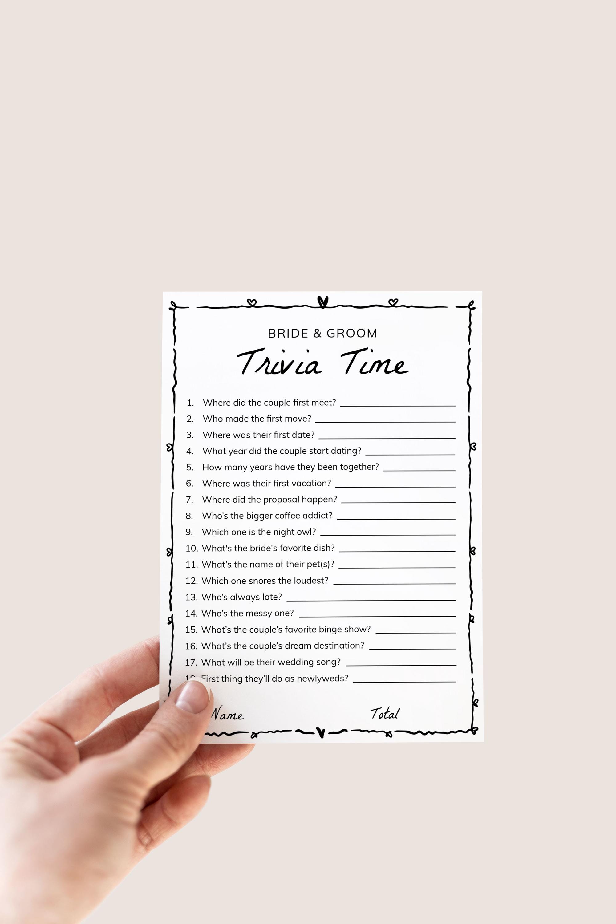 Bride and Groom Game, Printable Bridal Shower Trivia, Who Knows the ...