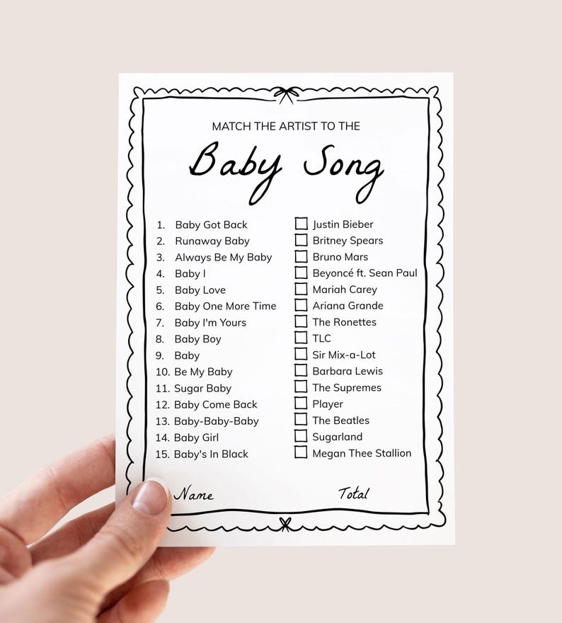 Baby Shower Game, Match the Artist Baby Song Trivia Printable - Etsy