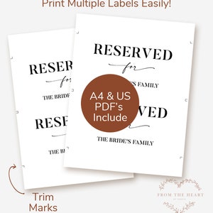 Printable Reserved Chair Tags Bride's Family Groom's Parents Reserved ...