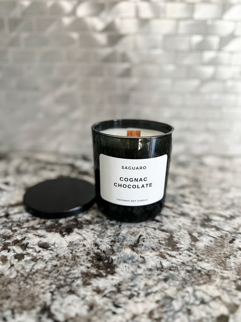 Cognac Chocolate Scented Candle, Wooden Wick, Coconut Soy Wax, Luxury ...