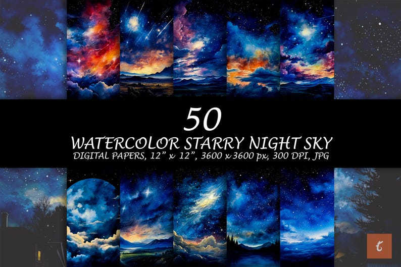 Starry Night Digital Paper 50 Blue Watercolor Texture Night Sky ...