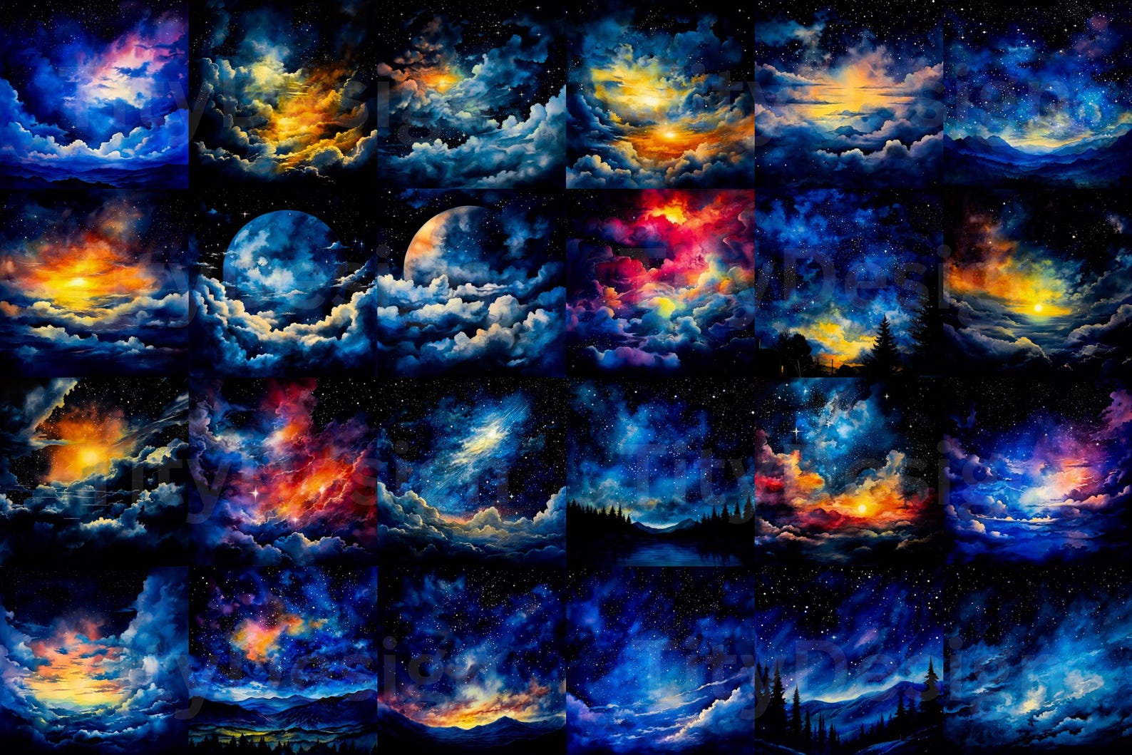 Starry Night Digital Paper - 50 Blue Watercolor Texture - Night Sky ...