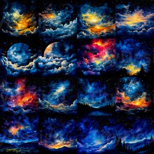 Starry Night Digital Paper - 50 Blue Watercolor Texture - Night Sky ...