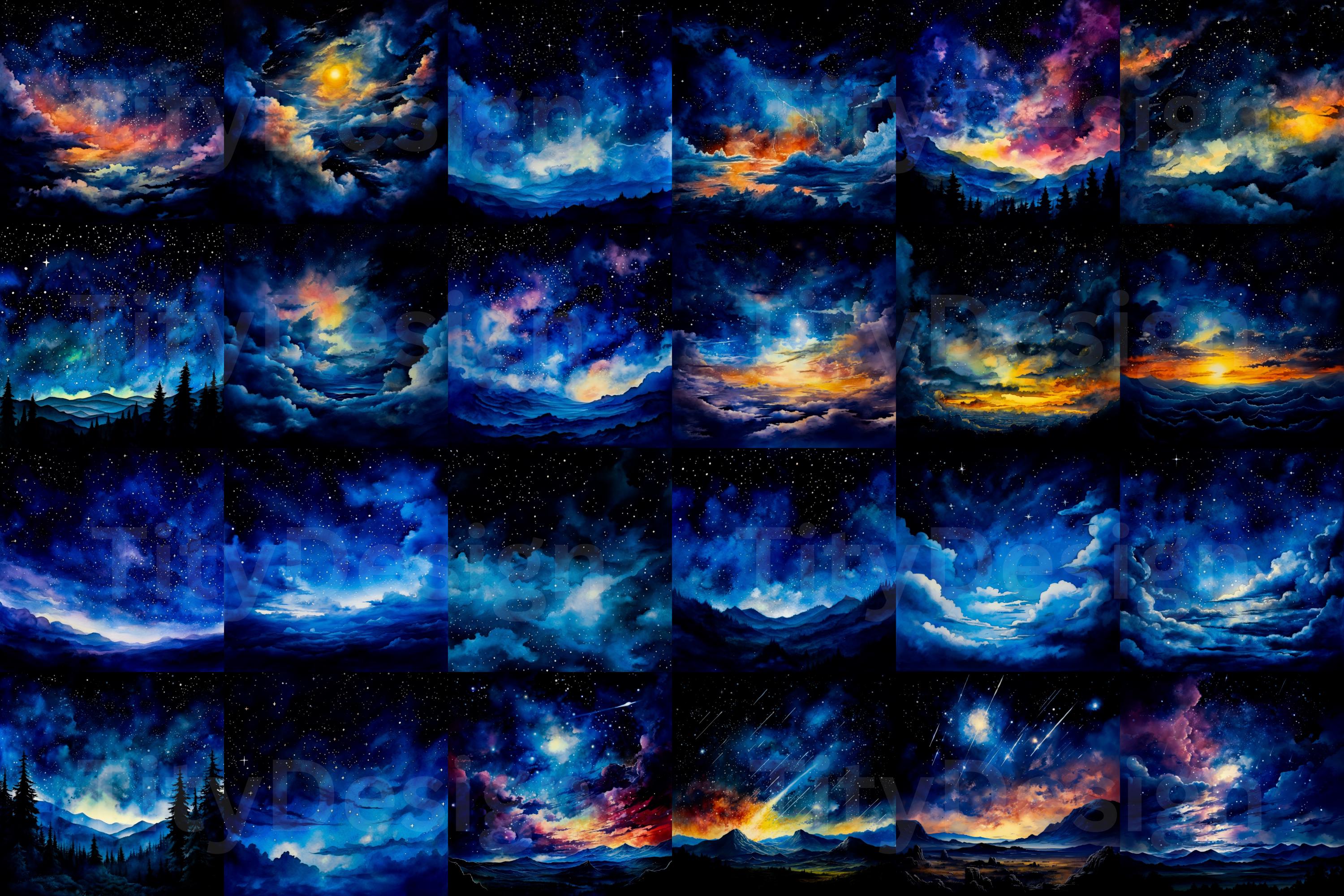 Starry Night Digital Paper 50 Blue Watercolor Texture Night Sky ...