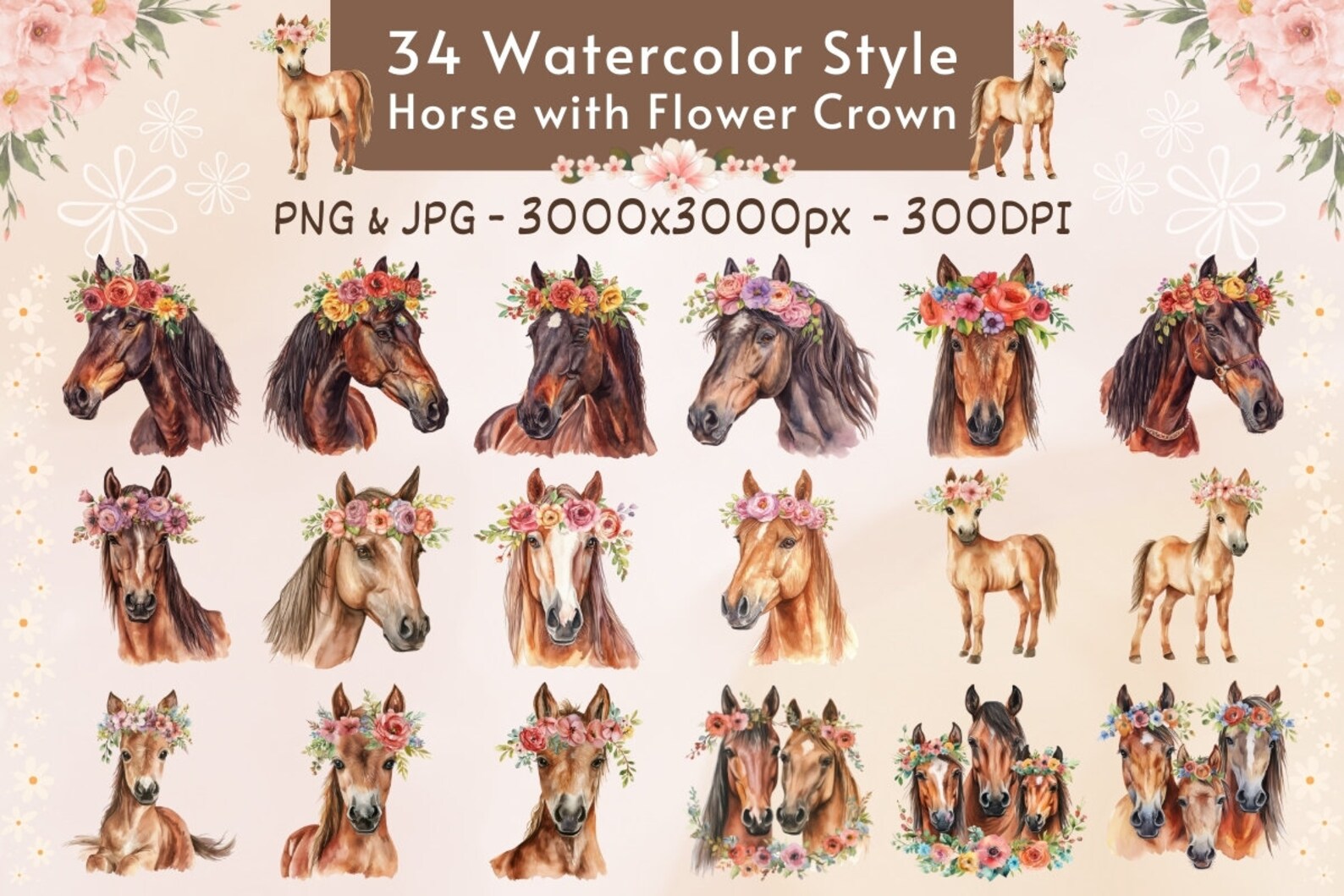 34 Watercolor Floral Horse Clipart - Horses With Flower Crown ...