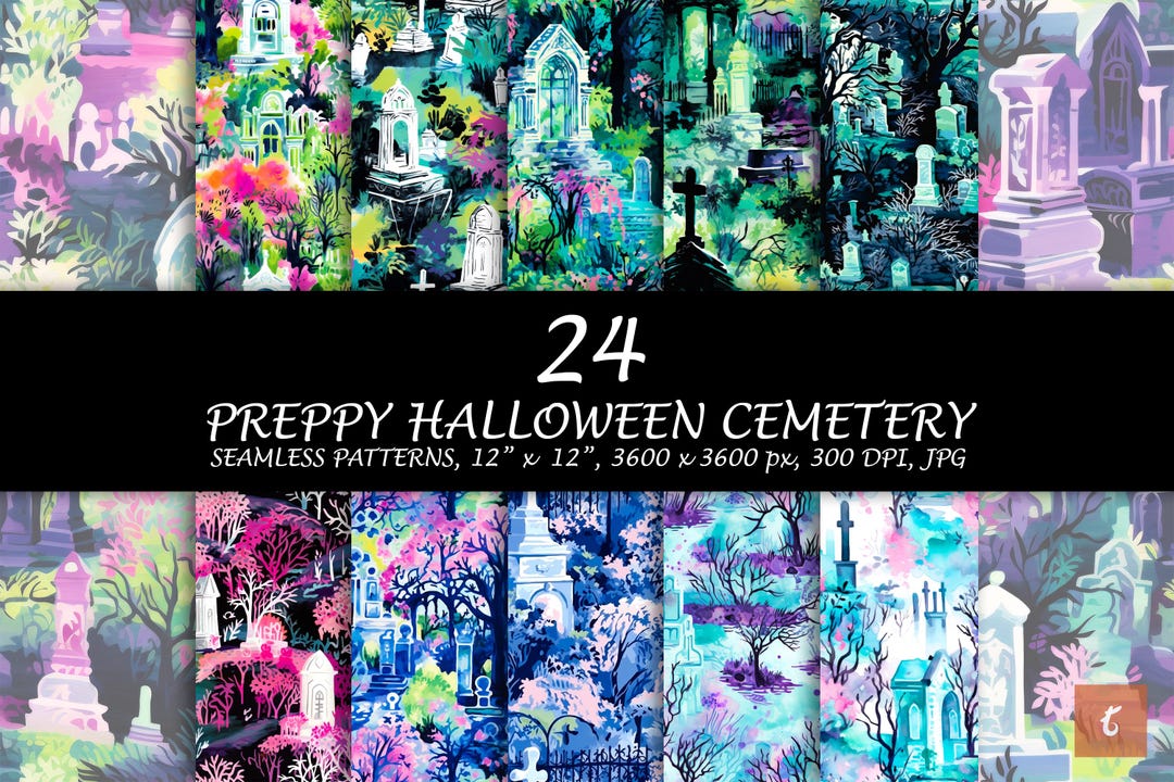 Preppy Halloween Graveyard Pattern - 24 Halloween Cemetery Digital ...