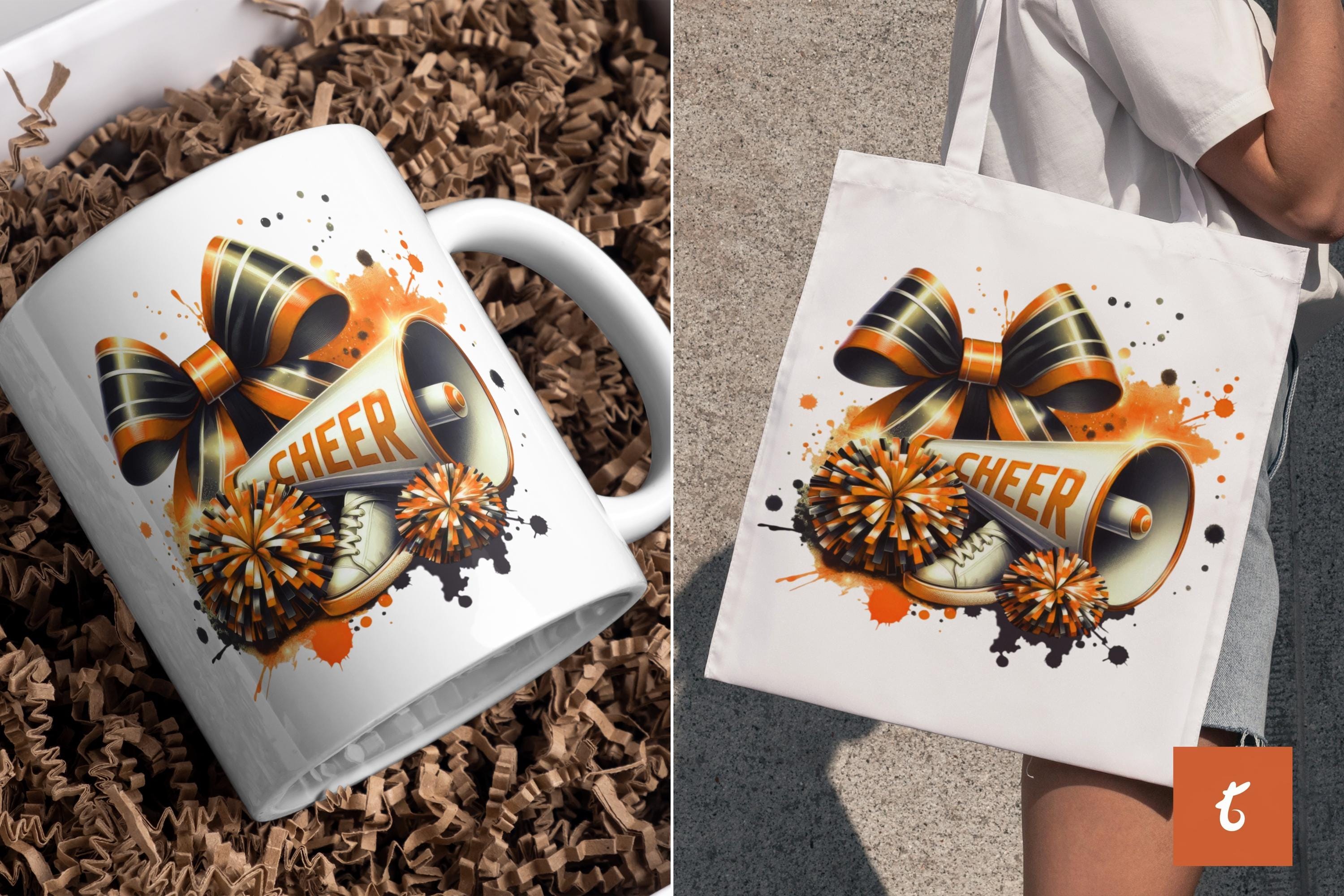 Cheer Orange Black Watercolor Sublimation Cheerleading Design With Pom ...