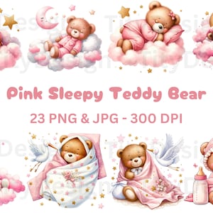 Pink Sleepy Teddy Bear Clipart - Watercolor Teddy Bear - Pink or Blue ...