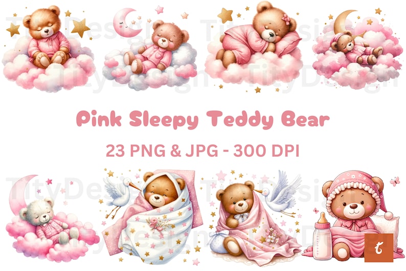 Pink Sleepy Teddy Bear Clipart - Watercolor Teddy Bear - Pink or Blue - Cute Baby Bear - 23 PNG ...