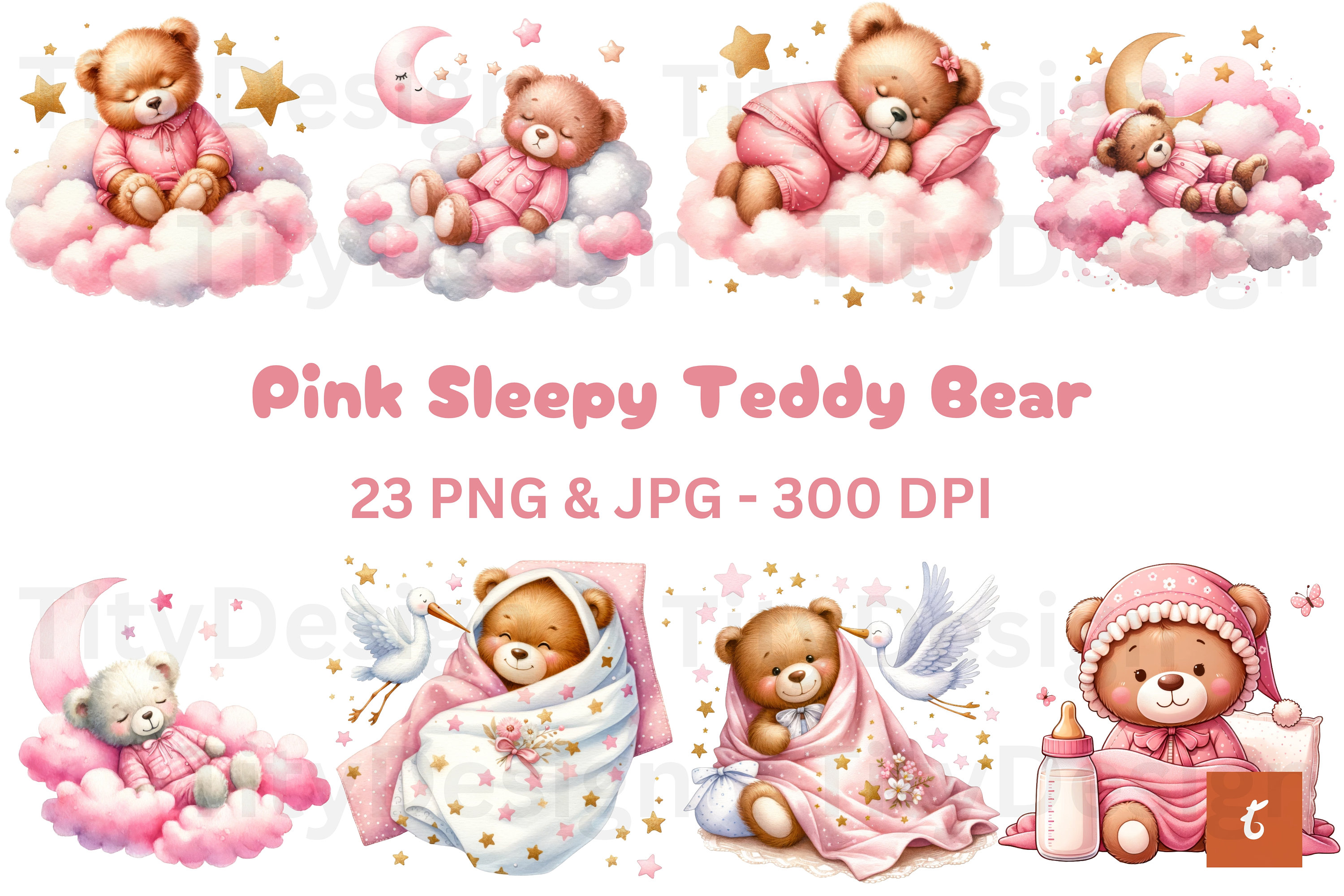 Pink Sleepy Teddy Bear Clipart - Watercolor Teddy Bear - Pink or Blue ...
