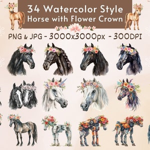 34 Watercolor Floral Horse Clipart - Horses With Flower Crown ...