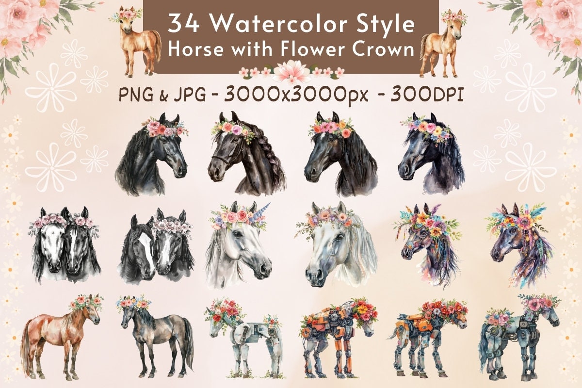 34 Watercolor Floral Horse Clipart - Horses With Flower Crown ...