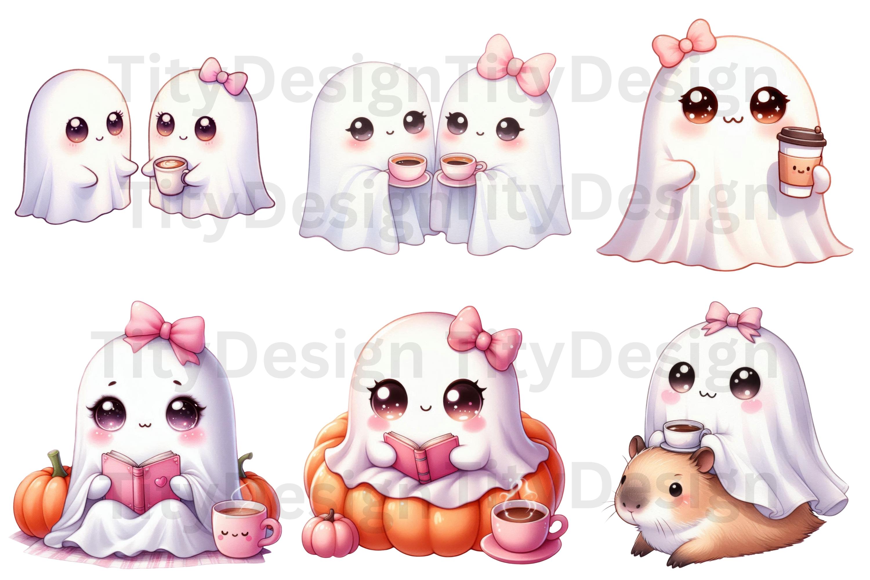 Pink Cute Coffee Ghost Clipart 35 PNG JPG Watercolor Pinky Ghost Coffee ...