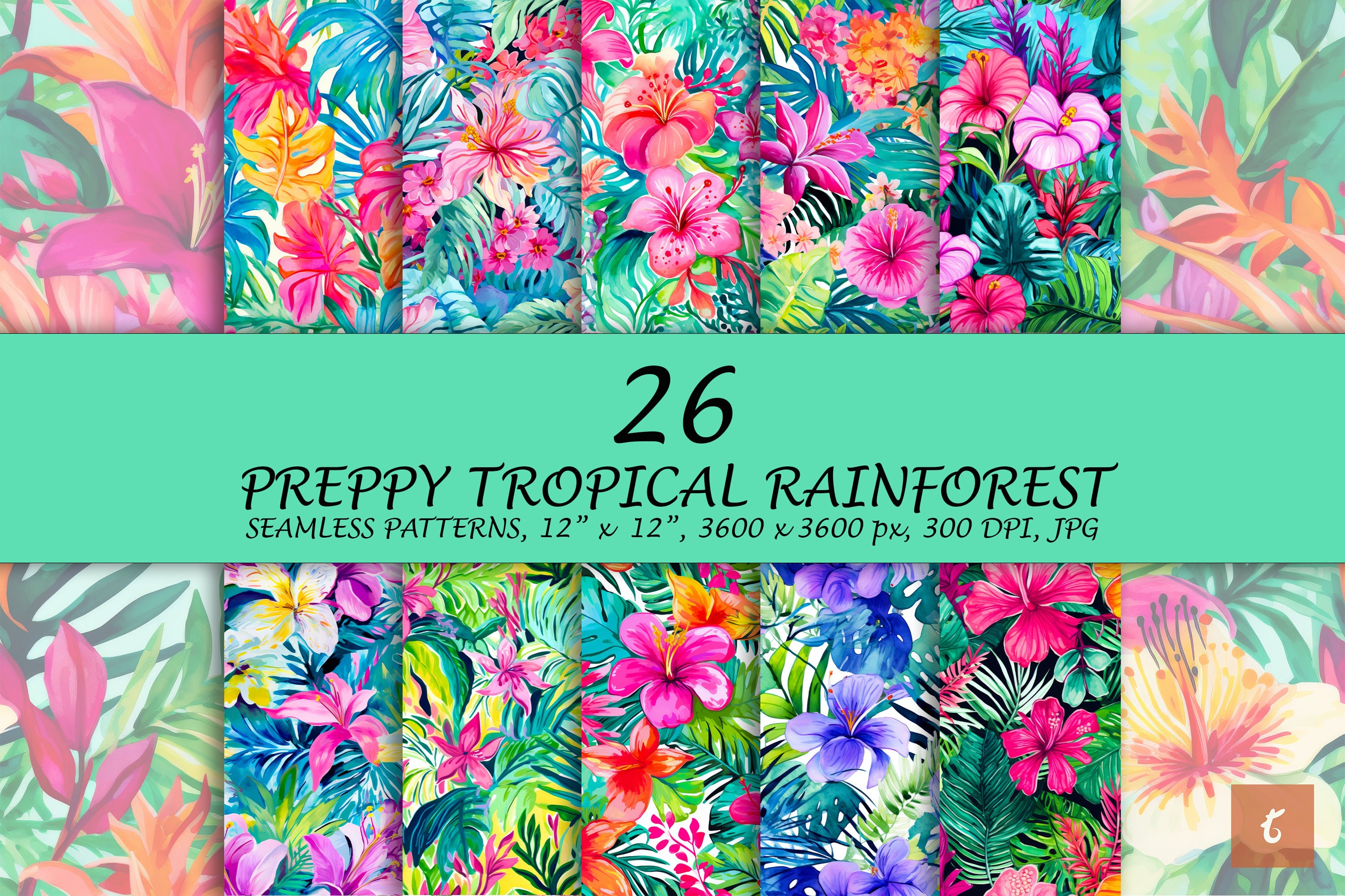 Preppy Tropical Rainforest Seamless Pattern - 26 Summer Flower Digital ...