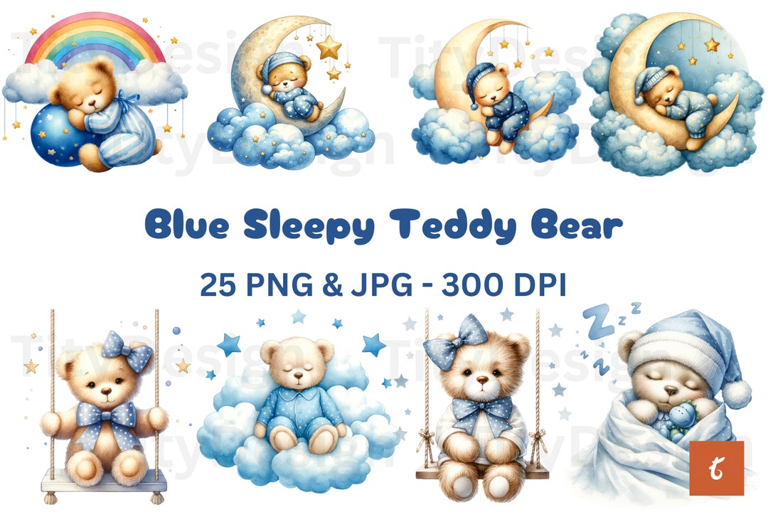 Blue Sleepy Teddy Bear Clipart - Watercolor Teddy Bear - Pink or Blue ...