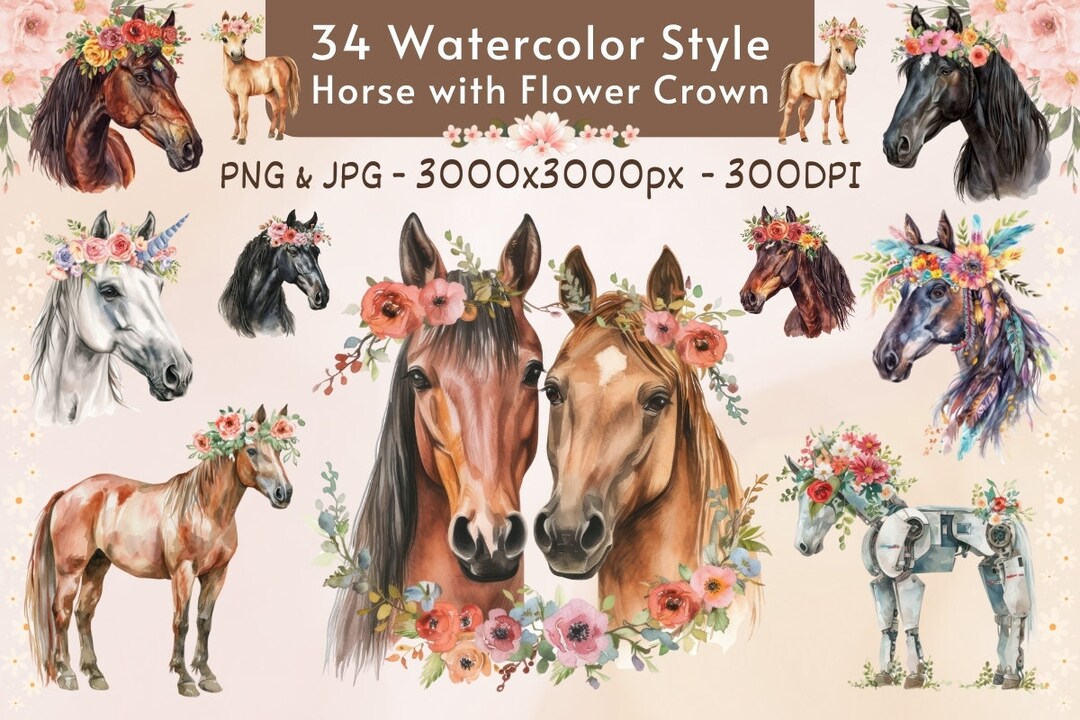 34 Watercolor Floral Horse Clipart - Horses With Flower Crown ...