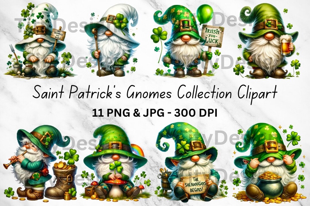 11 Watercolor Saint Patrick Gnomes Clipart - Lucky Green Shamrock ...