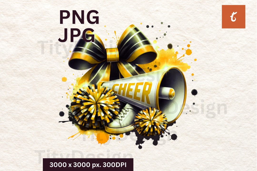 Cheer Gold and Black Pom Poms Watercolor Sublimation - Megaphone PNG ...