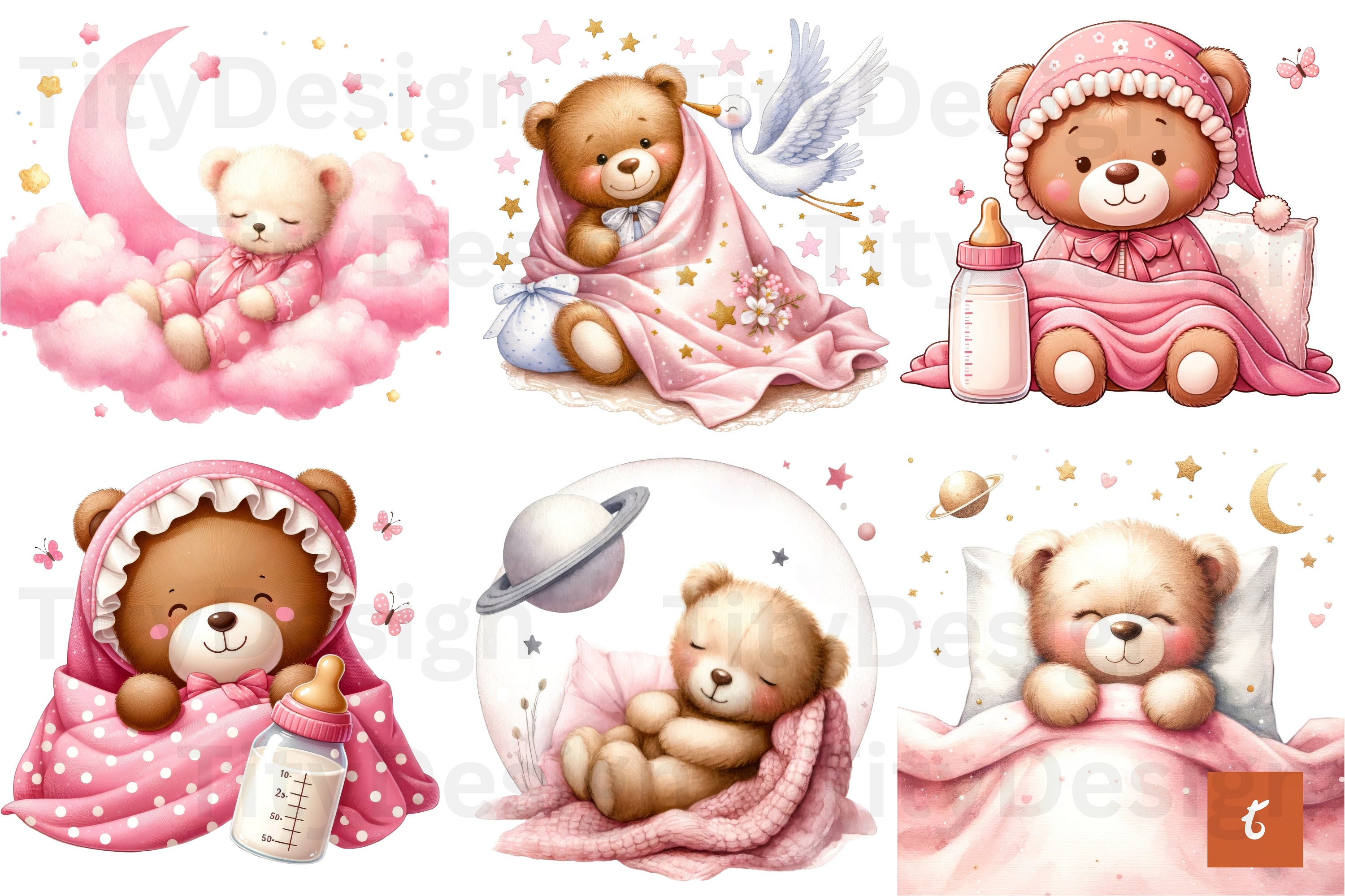Pink Sleepy Teddy Bear Clipart Watercolor Teddy Bear Pink or Blue Cute ...