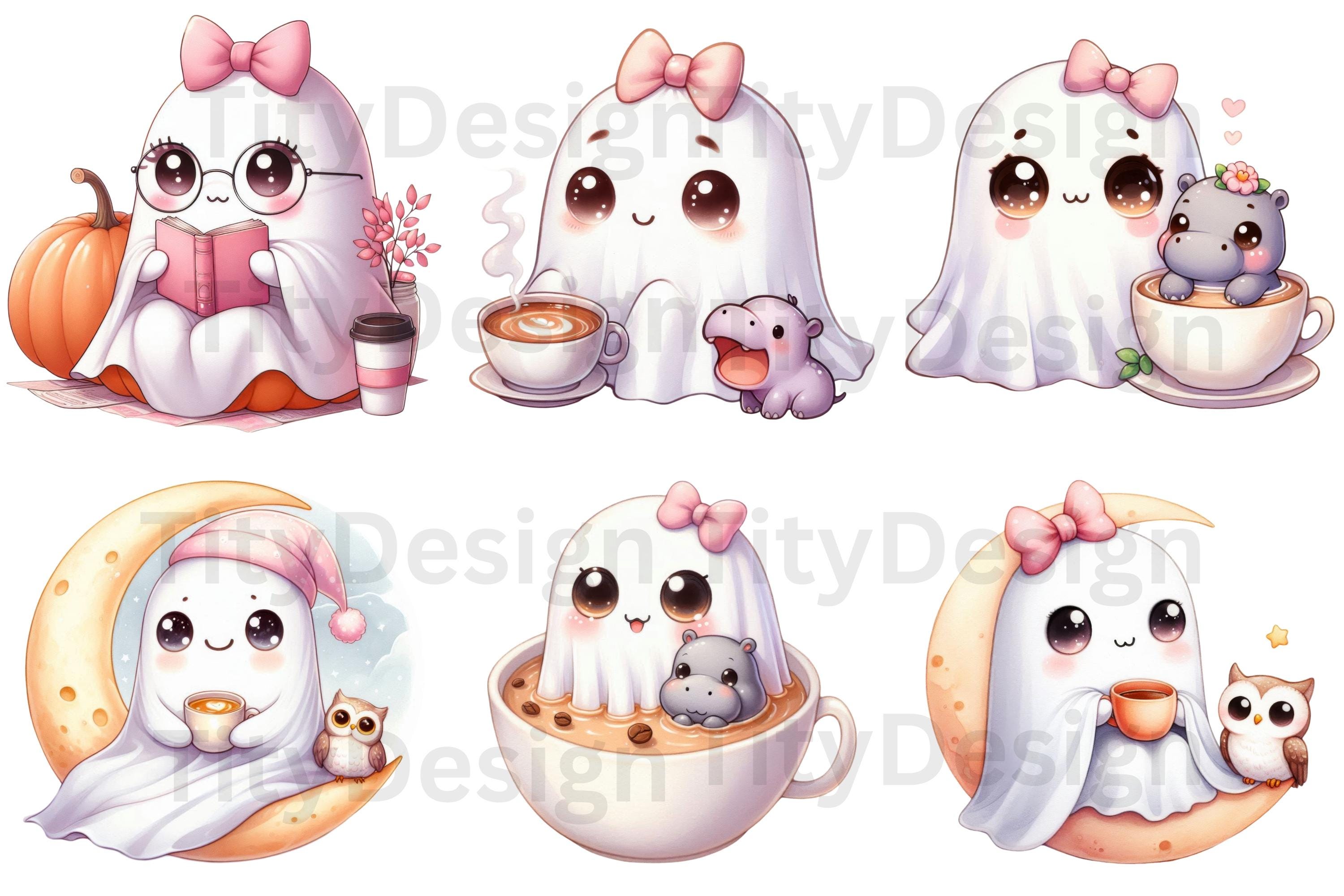 Pink Cute Coffee Ghost Clipart 35 PNG JPG Watercolor Pinky Ghost Coffee ...