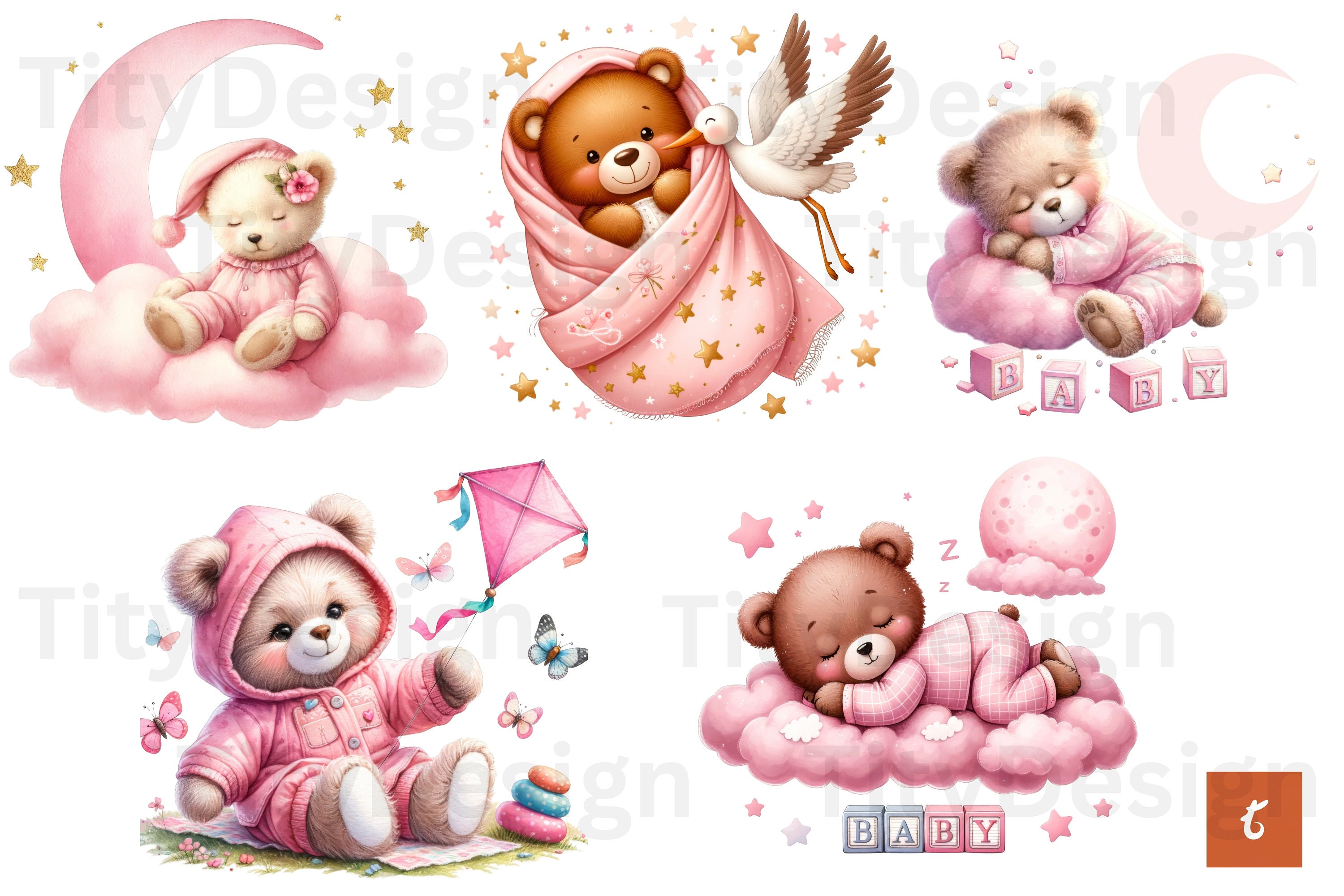 Pink Sleepy Teddy Bear Clipart Watercolor Teddy Bear Pink or Blue Cute ...