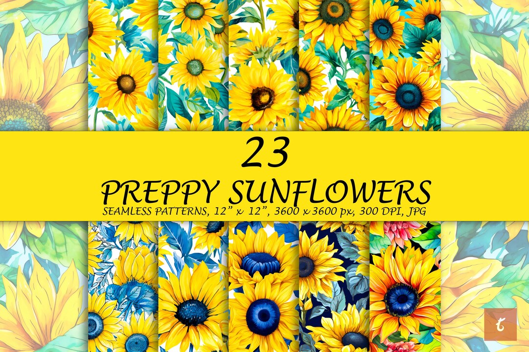 Preppy Sunflower Pattern - 23 Sunflowers Digital Paper - Seamless ...