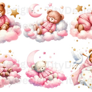 Pink Sleepy Teddy Bear Clipart - Watercolor Teddy Bear - Pink or Blue ...