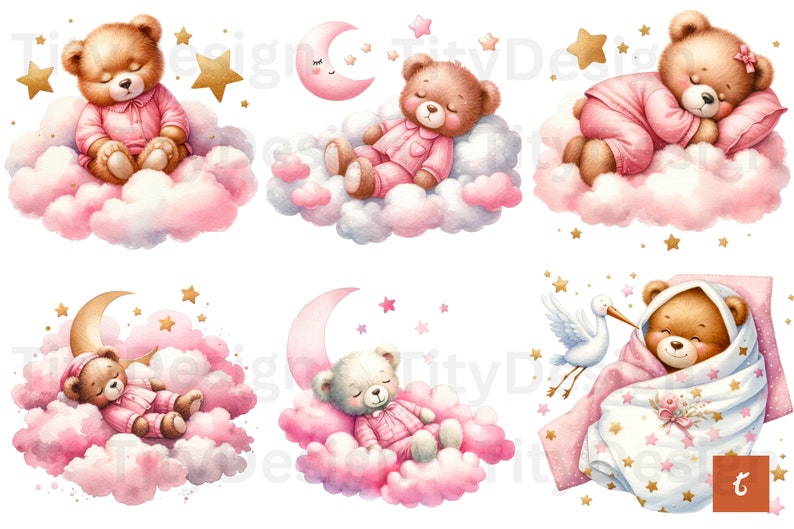 Pink Sleepy Teddy Bear Clipart - Watercolor Teddy Bear - Pink or Blue ...