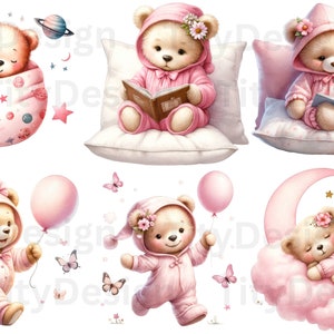 Pink Sleepy Teddy Bear Clipart - Watercolor Teddy Bear - Pink or Blue ...