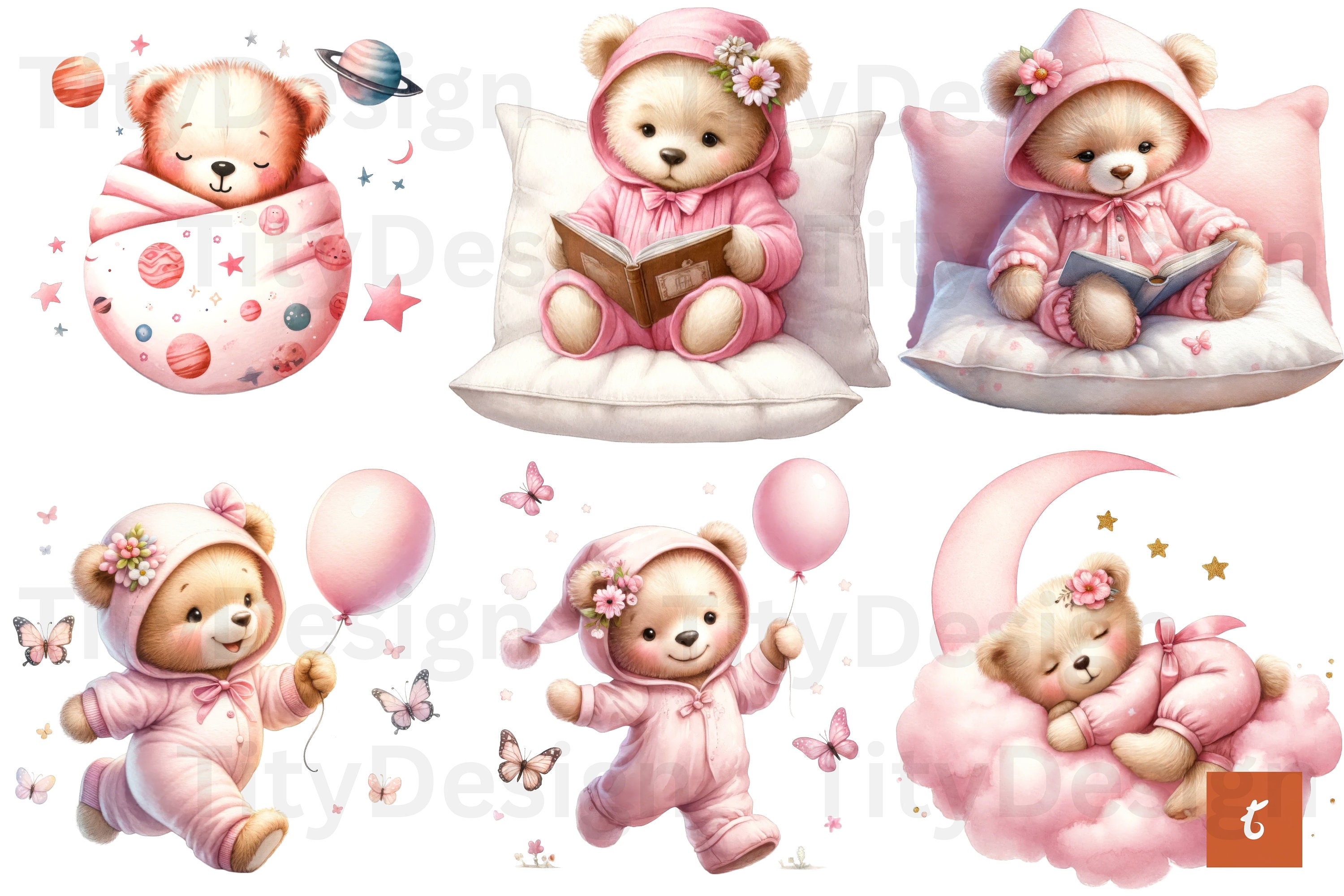 Pink Sleepy Teddy Bear Clipart Watercolor Teddy Bear Pink or Blue Cute ...