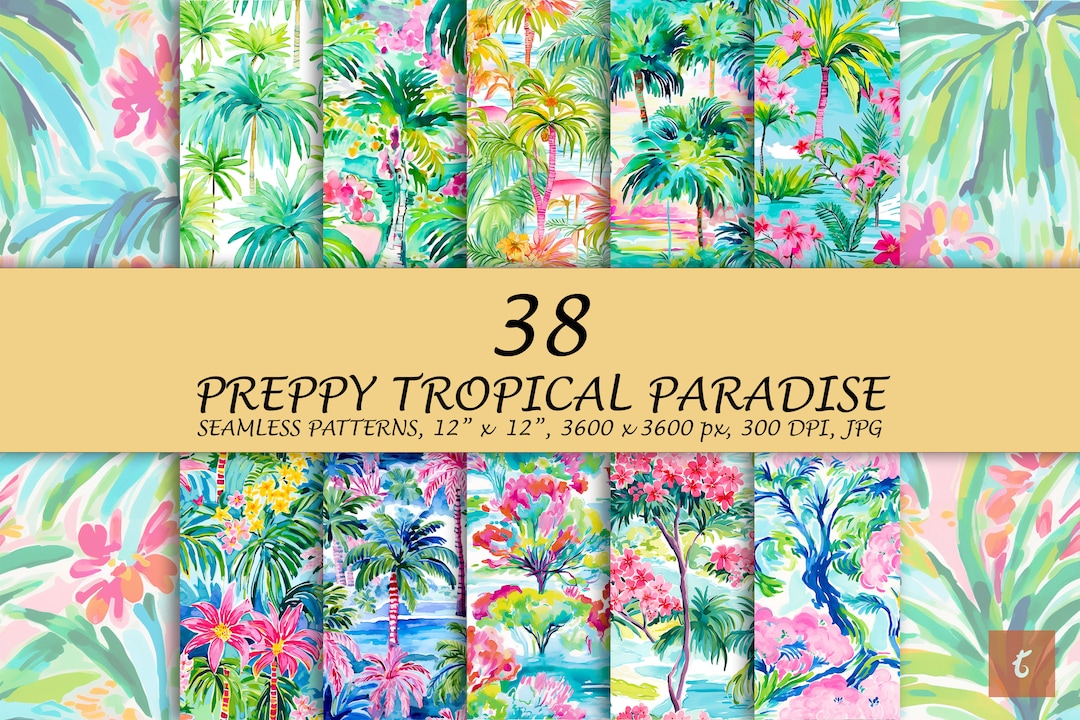 Preppy Tropical Paradise Pattern - 38 Palm Tree Digital Paper - Summer ...