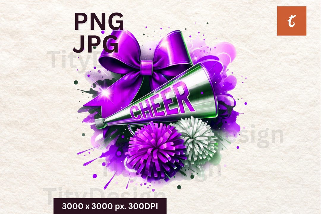 Cheer Purple Pom Poms Watercolor Sublimation - Cheer Purple Black ...