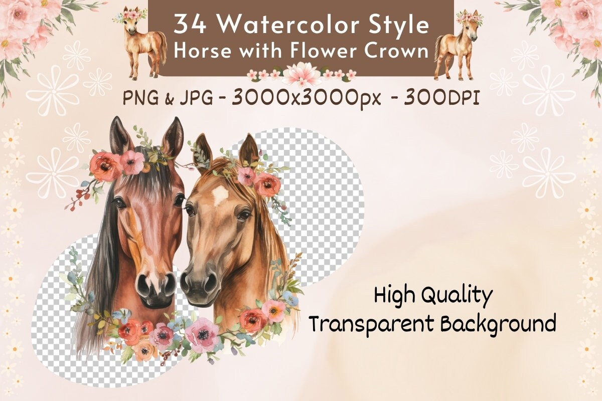 34 Watercolor Floral Horse Clipart - Horses With Flower Crown ...