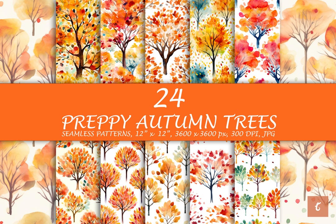 Preppy Autumn Tree Pattern - 24 Seamless Pattern - Autumn Trees Digital ...