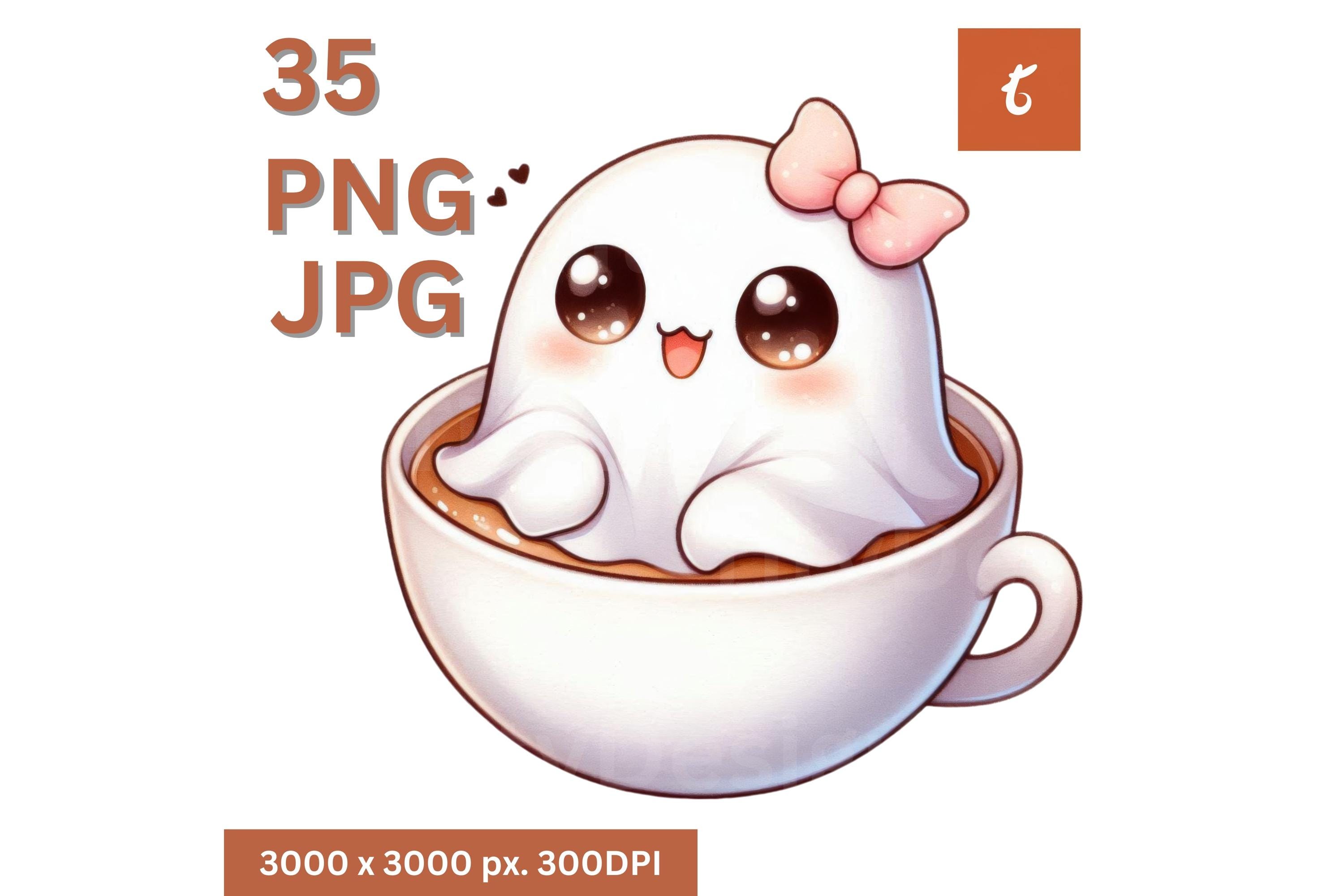 Pink Cute Coffee Ghost Clipart - 35 PNG JPG - Watercolor Pinky Ghost ...