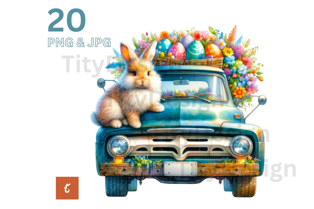 Bunny Truck Easter Clipart Bundle Spring Flower Sublimation Watercolor ...