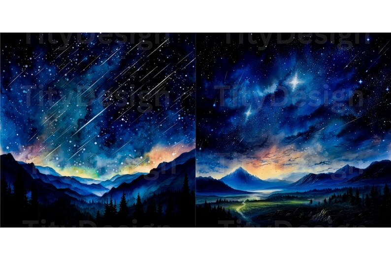 Starry Night Digital Paper - 50 Blue Watercolor Texture - Night Sky ...