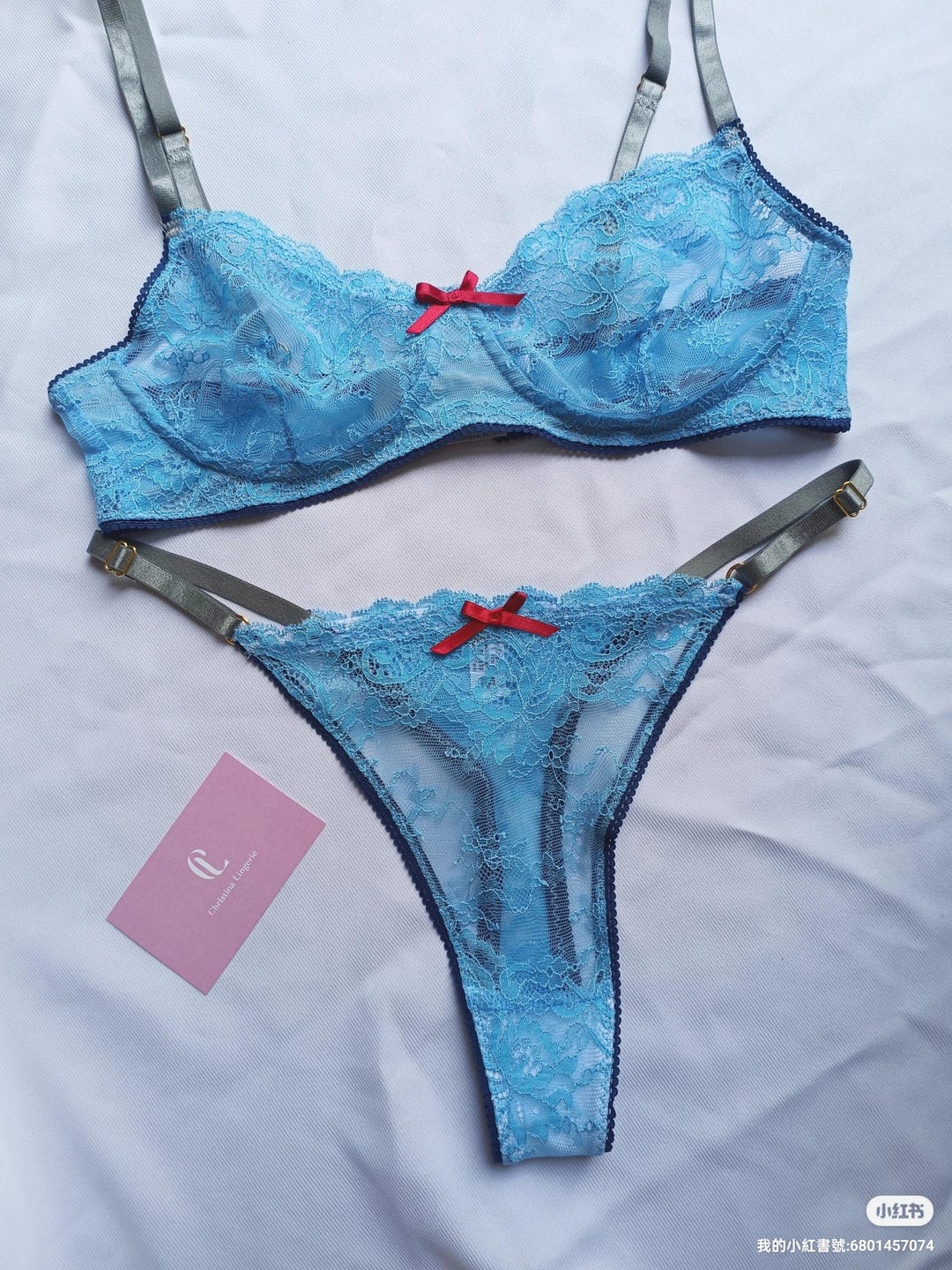 Blue Lace Lingerie Set, Bra and Thong - Etsy