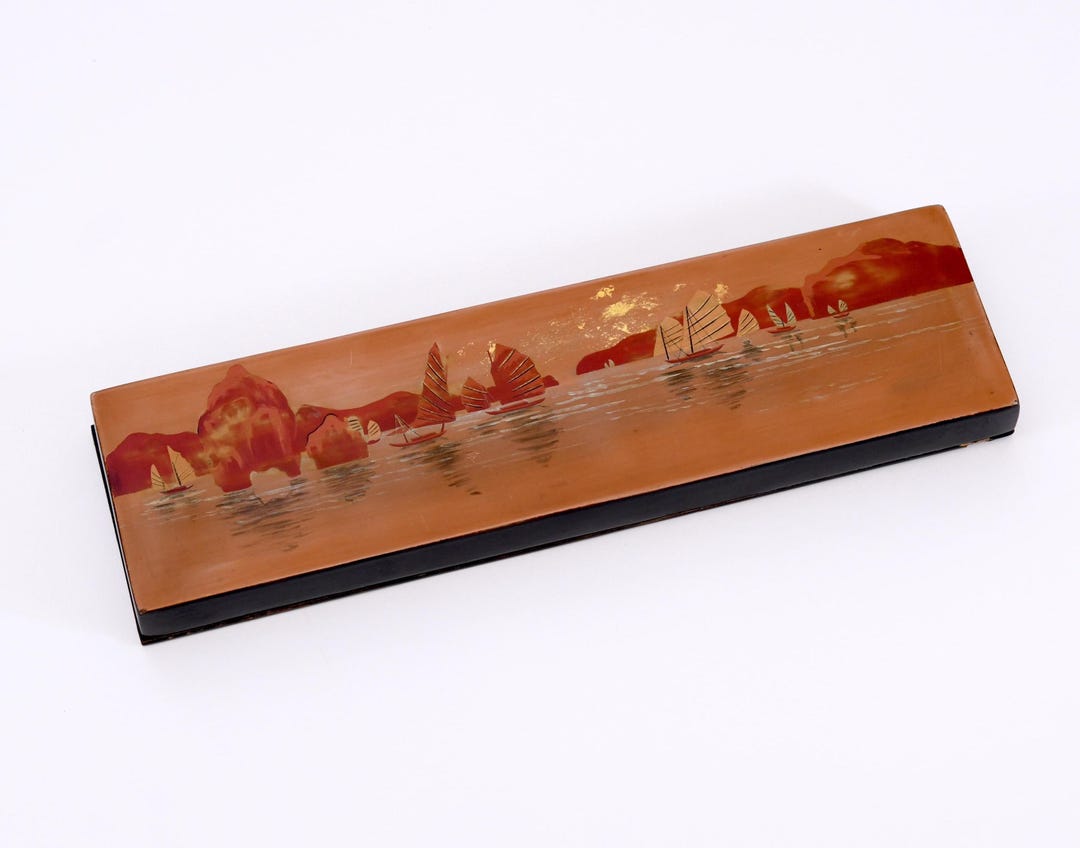 Vintage Vietnamese Lacquer Box With Landscape Motif I Hand-painted I ...
