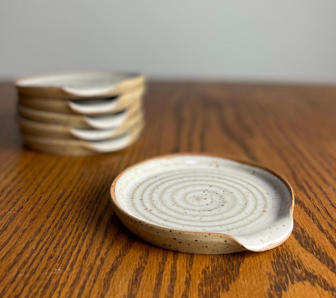 Handmade Ceramic Spoon Rest | White Glaze Stoneware Utensil Holder ...