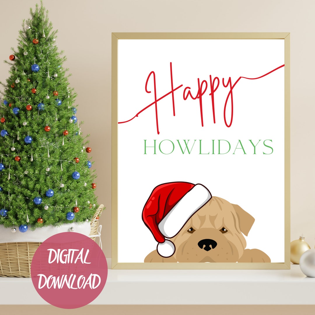 Happy Howlidays Christmas Dog Printable Wall Art, Peeking Dog Wearing ...